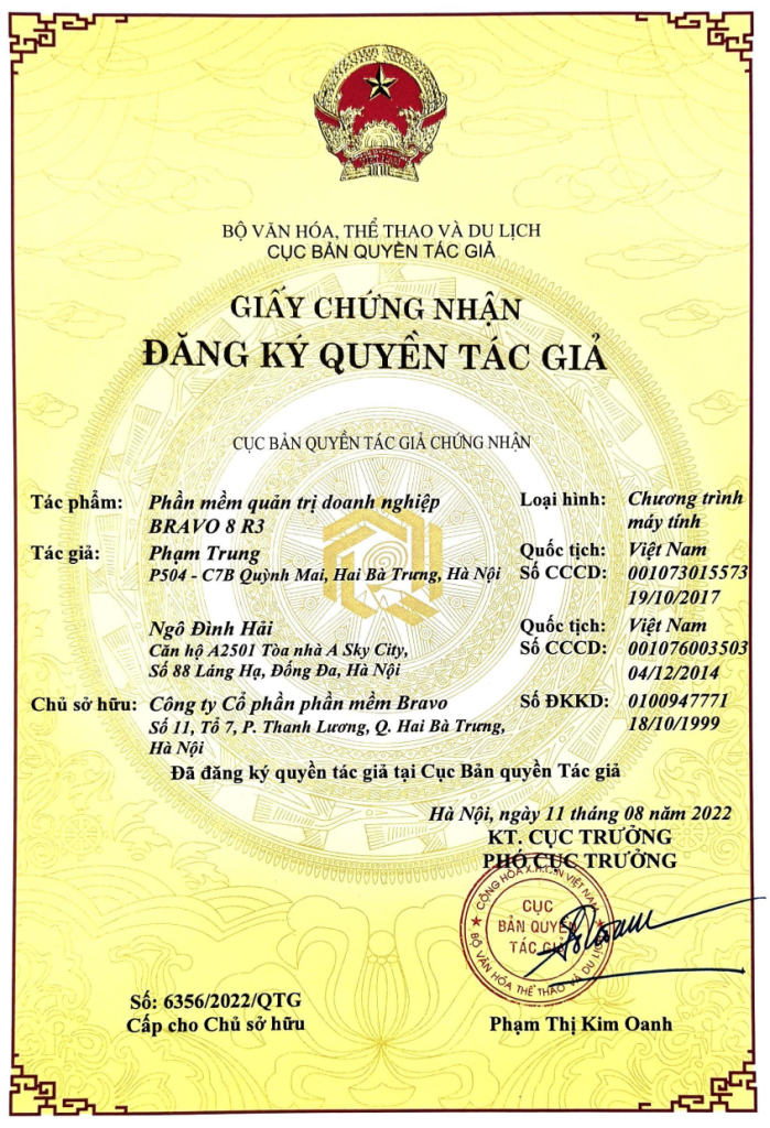Chứng nhận đăng ký bản quyền tác giả sản phẩm BRAVO ERP-VN - Bravo
