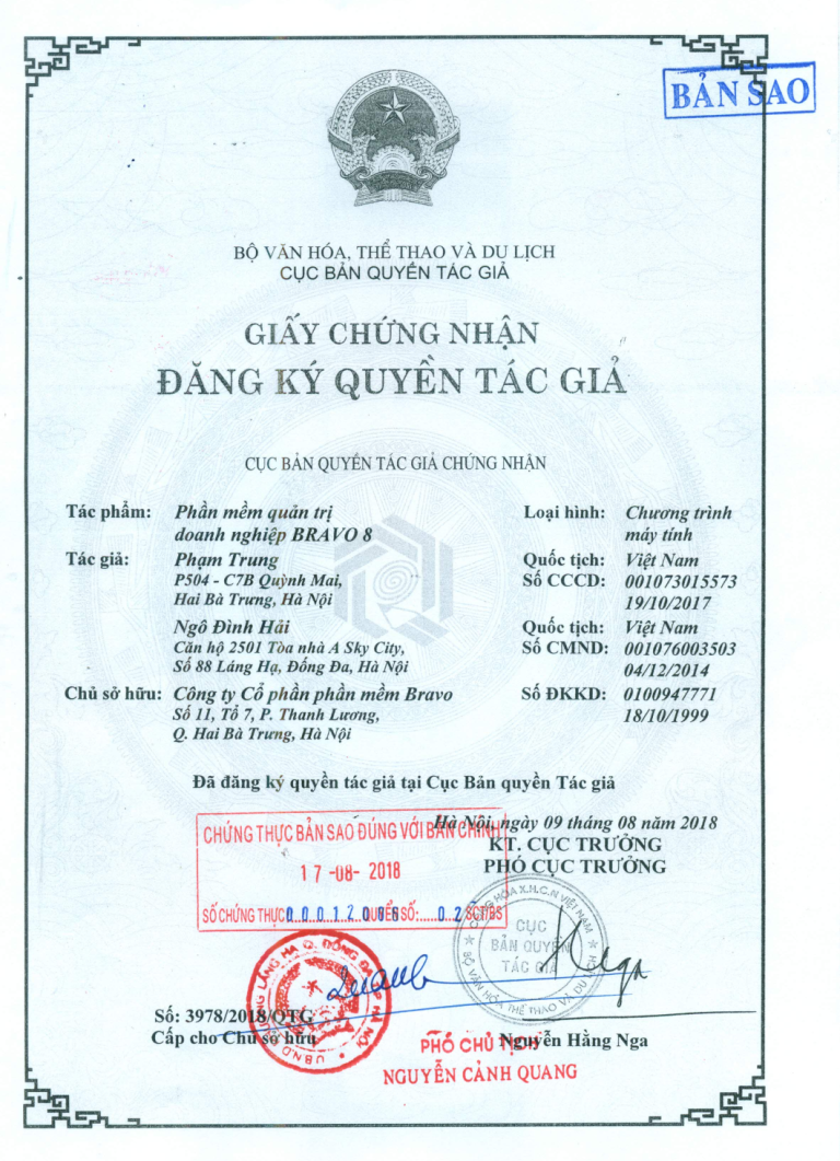 Chứng nhận đăng ký bản quyền tác giả sản phẩm BRAVO ERP-VN - Bravo